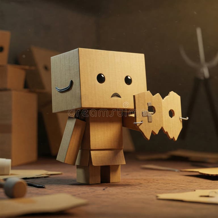 Sad Cardboard Character Holding a Broken Cardboard Mask. Stock Photo ...