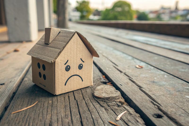 Sad Cardboard House on Wooden Surface - Generated by Ai Stock ...
