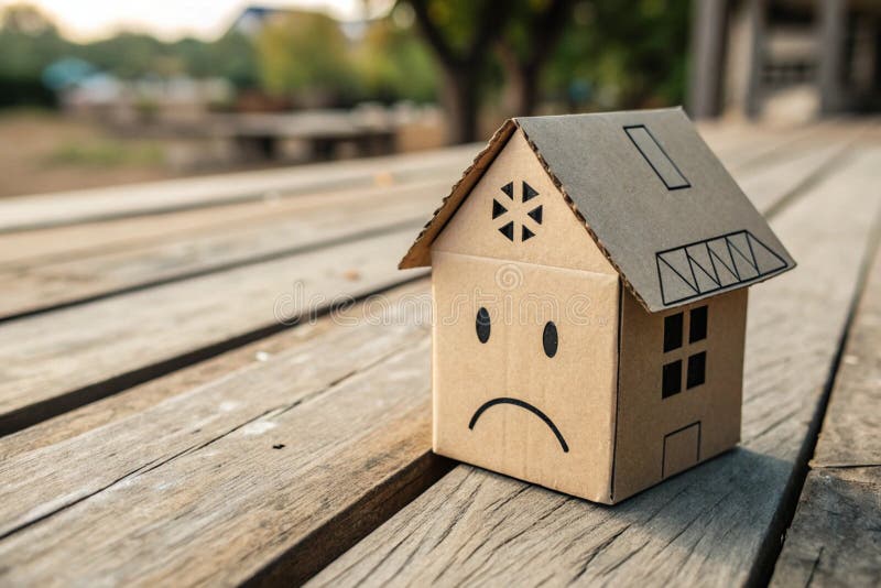 Sad Cardboard House on Wooden Surface - Generated by Ai Stock ...