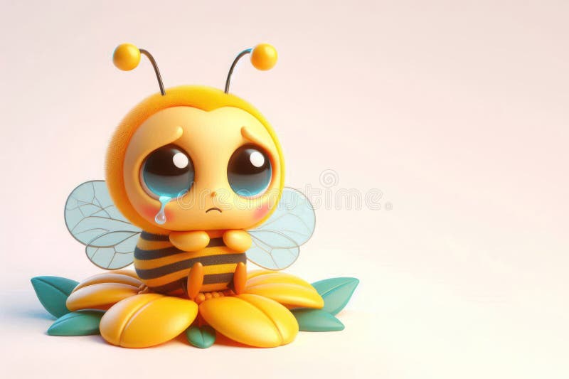 Sad Cartoon Bee Sitting on a Flower. Space for Text. Stock Illustration ...