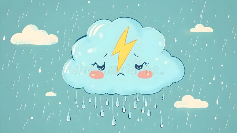 Sad Cartoon Cloud with Lightning Bolt in Rainy Sky Stock Illustration ...