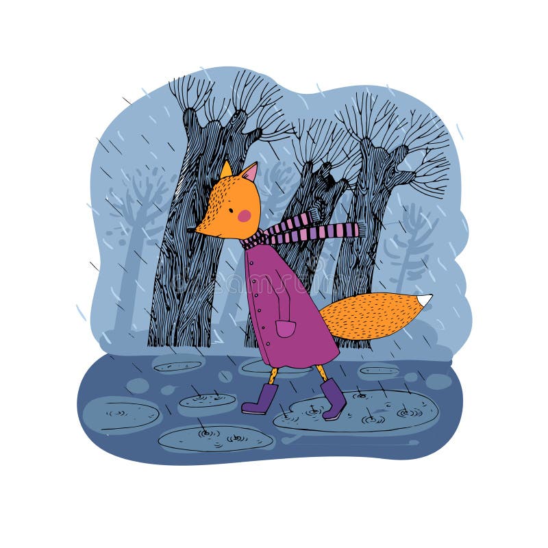 Sad Fox Walking in the Rain. Stock Vector - Illustration of pathway ...