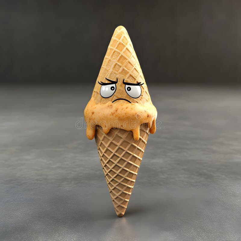 Sad Cartoon Ice Cream Cone with Melting Scoop Stock Illustration ...
