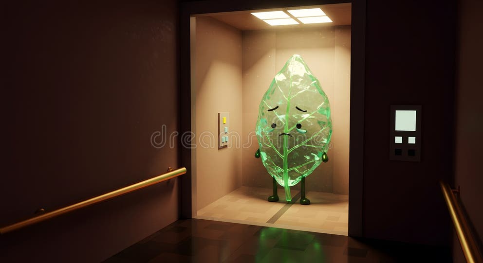 Sad Cartoon Leaf in Empty Elevator - AI Generated Stock Illustration ...