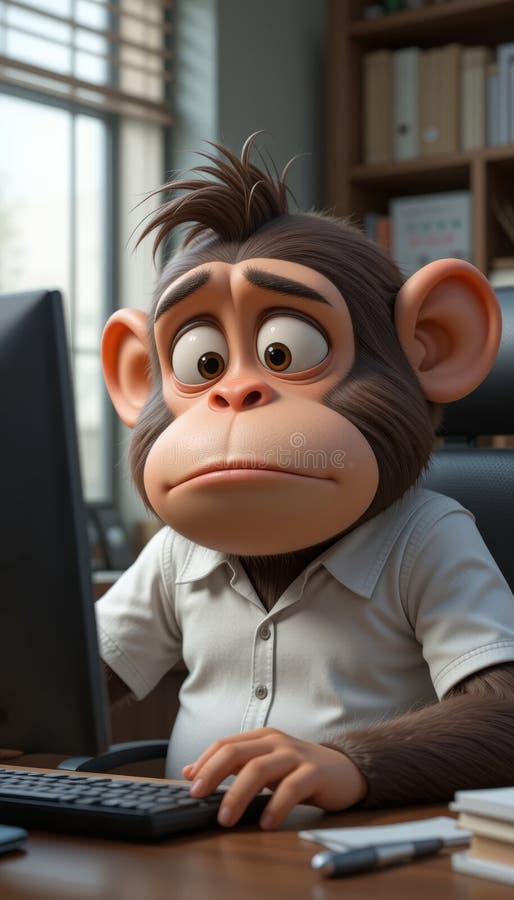Sad Cartoon Monkey in Office Attire Looking Sad at Computer Screen ...