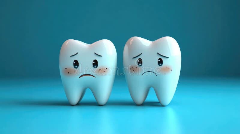 Sad Cartoon Teeth on Blue Background with Expressive Faces Stock ...