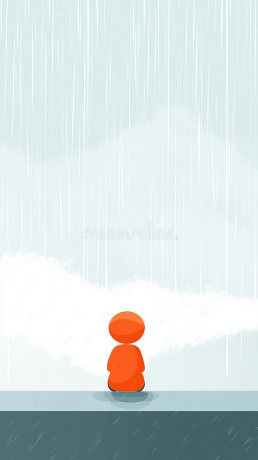 Sad Character Sitting Alone, Rain Pouring Outside, Flat Design ...