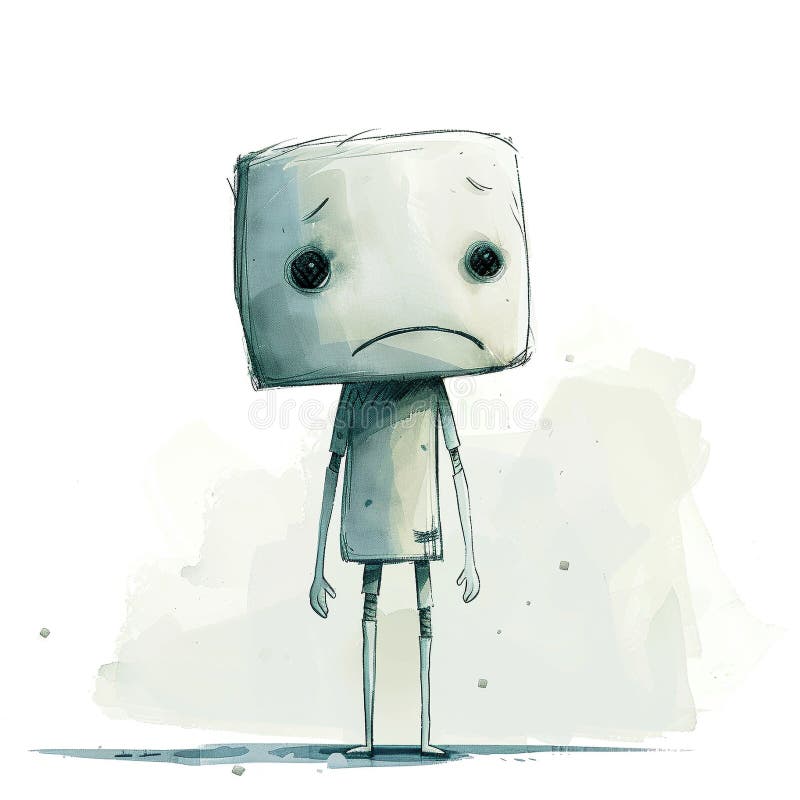 A Sad Character with a Square Head Standing Alone on a Blank Background ...