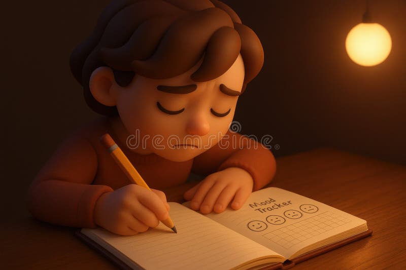 A Sad Character Uses a Mood Tracker Journal at Night, Expressing ...