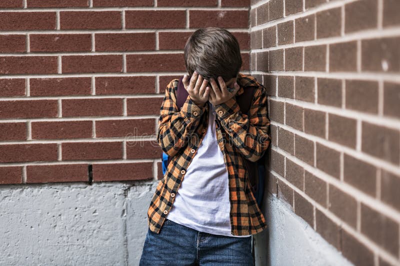 Sad Child Boy Posing on the School Playground Stock Photo - Image of ...
