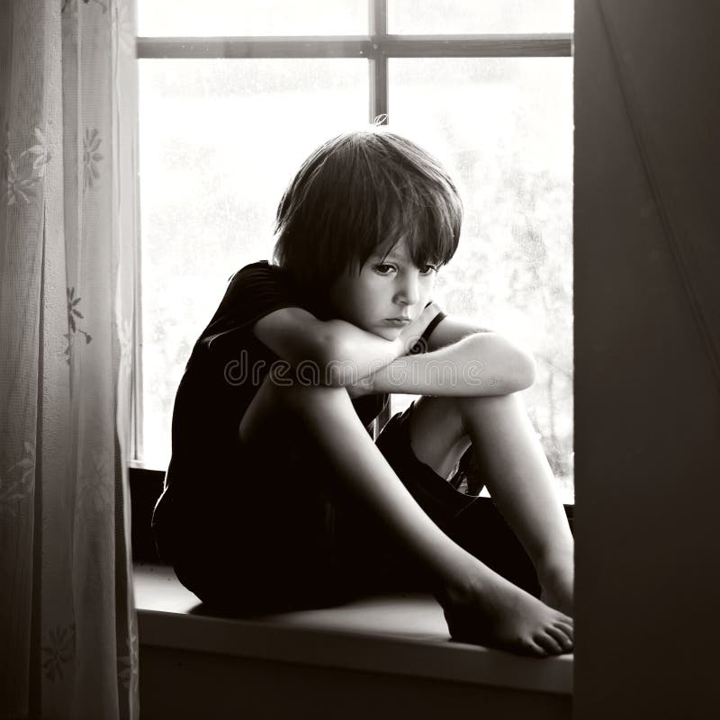 Sad Child Sitting on a Window on a Rainy Day Stock Photo - Image of ...