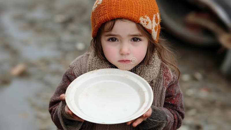 Sad Child Holding Empty Plate with Snow during Winter, Poverty and ...