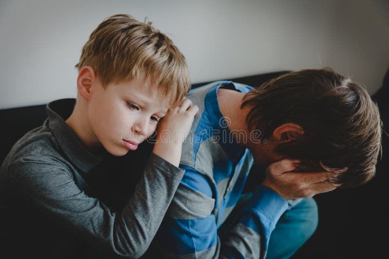Sad Child with Stressed Father, Family Problems, Sorrow Stock Photo ...