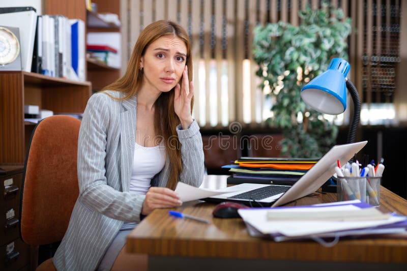Sad Clerical Worker Sitting at Desk in Office Stock Image - Image of ...