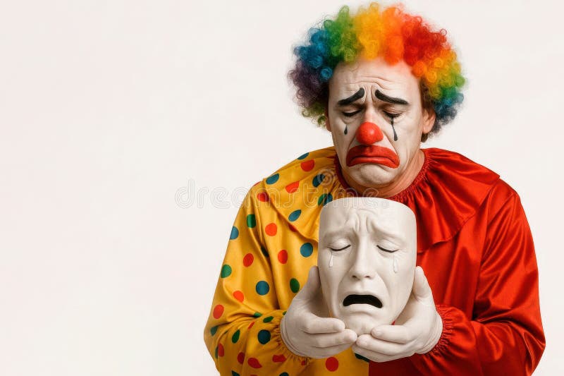 Sad Clown Holding Mask with Crying Face. Space for Text. Stock Photo ...