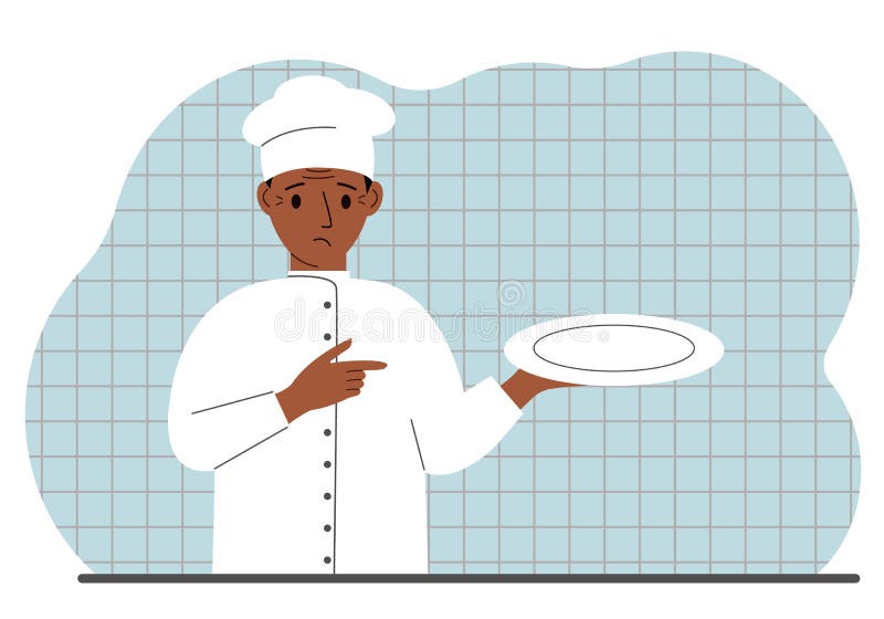 A Sad Cook in a Cap Holds an Empty Plate in His Palm. Vector Stock ...