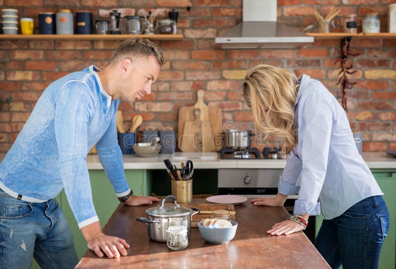 Sad Couple Having Argument in Kitchen Stock Image - Image of love ...