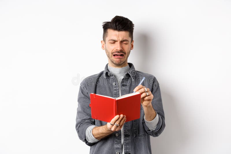 Sad Crying Guy Writing in His Diary with Miserable Face, Look ...