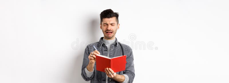 Sad Crying Guy Writing in His Diary with Miserable Face, Look ...