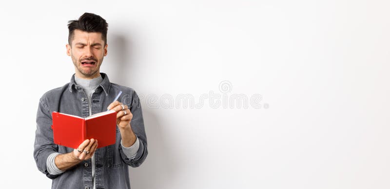 Sad Crying Guy Writing in His Diary with Miserable Face, Look ...