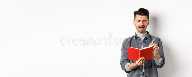 Sad Crying Guy Writing in His Diary with Miserable Face, Look ...