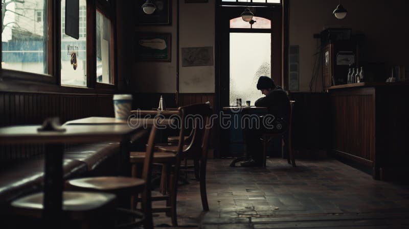 Sad Customer Sit Alone in Cafe Shop Stock Illustration - Illustration ...