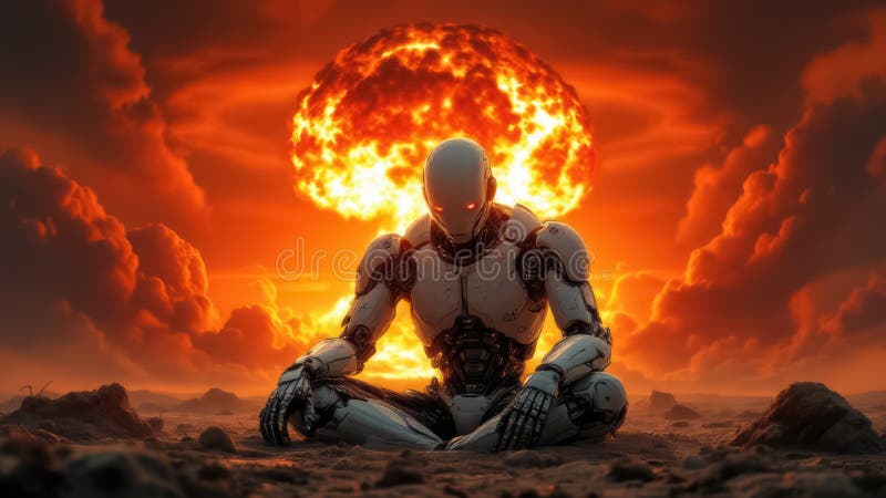 A Sad Cyborg Robot Sits Front of an Atomic Bomb Explosion Stock ...
