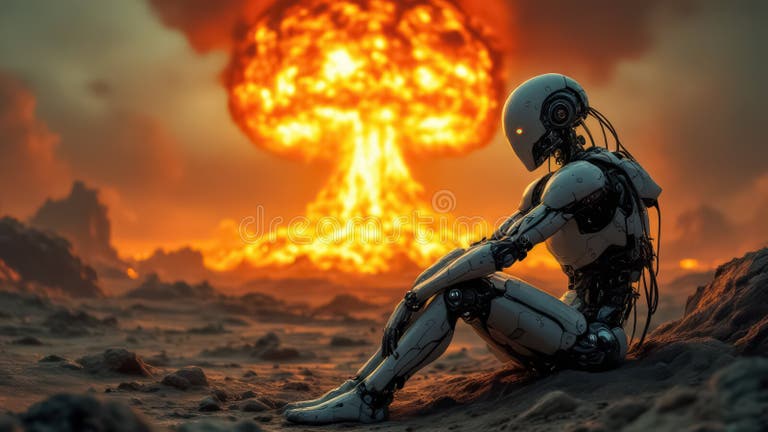A Sad Cyborg Robot Sits Front of an Atomic Bomb Explosion Stock ...