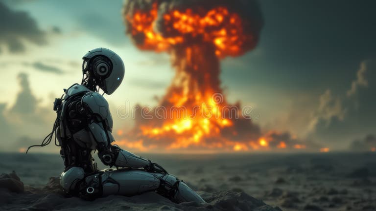 A Sad Cyborg Robot Sits Front of an Atomic Bomb Explosion Stock ...