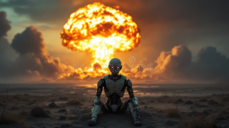 A Sad Cyborg Robot Sits Front of an Atomic Bomb Explosion Stock ...
