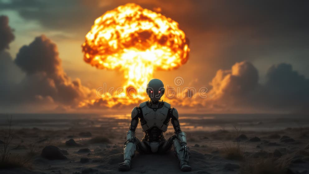 A Sad Cyborg Robot Sits Front of an Atomic Bomb Explosion Stock ...