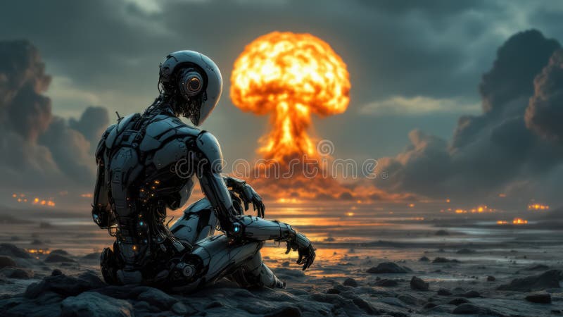 A Sad Cyborg Robot Sits Front of an Atomic Bomb Explosion Stock ...