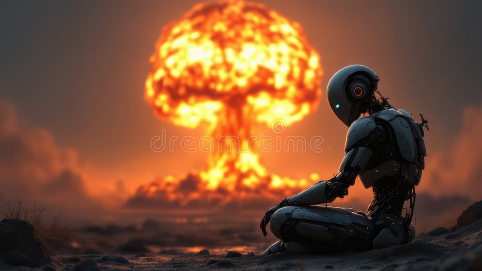 A Sad Cyborg Robot Sits Front of an Atomic Bomb Explosion Stock ...