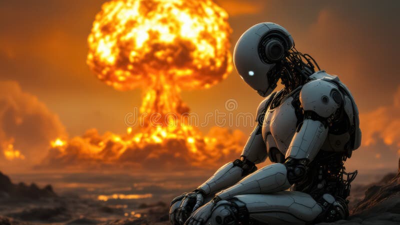A Sad Cyborg Robot Sits Front of an Atomic Bomb Explosion Stock ...