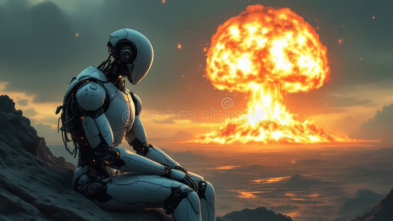 A Sad Cyborg Robot Sits Front of an Atomic Bomb Explosion Stock ...