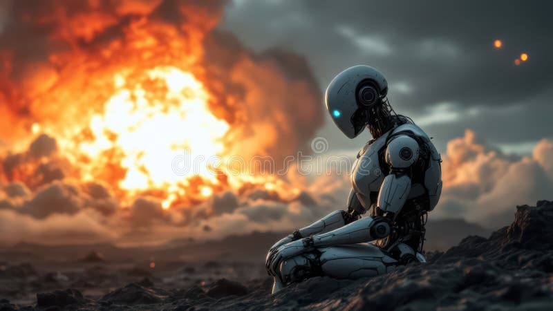 A Sad Cyborg Robot Sits Front of an Atomic Bomb Explosion Stock ...