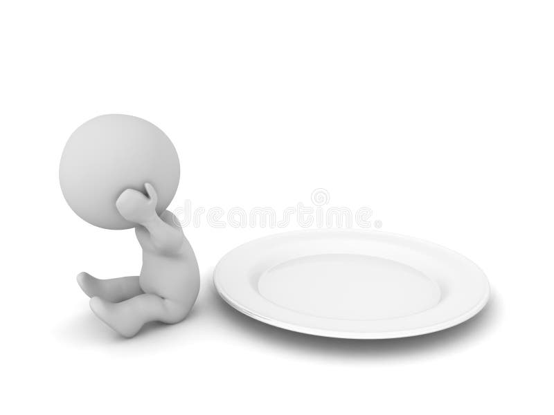 Sad 3D Character with an Empty Plate Stock Illustration - Illustration ...