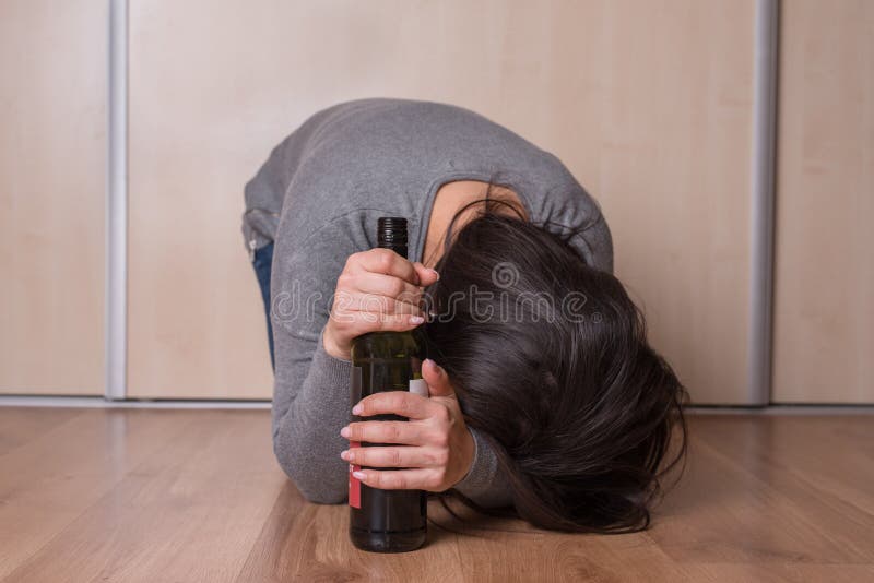 Sad Depressed Alcoholic Drunk Woman Drinking at Home Stock Image ...