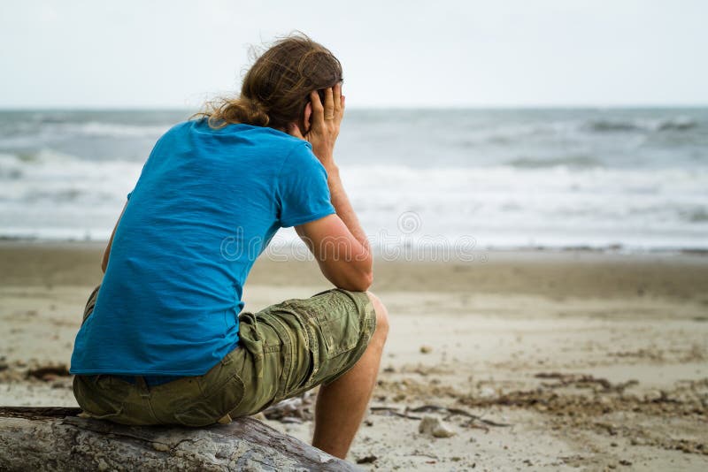 Sad Depressed Man Sitting at the Beach Stock Image - Image of handsome ...