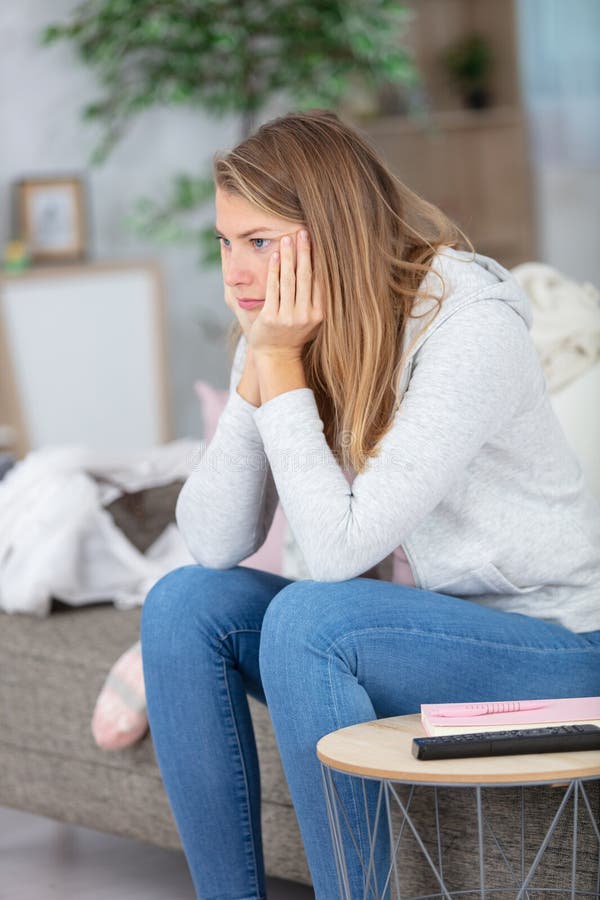 Sad Depressed Woman at Home Sitting on Couch Stock Image - Image of ...