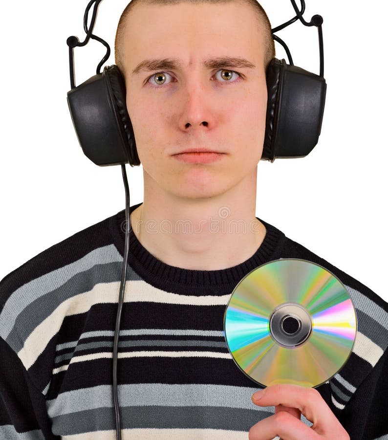 Sad Disappointed Man with Big Headphones and CD Stock Photo - Image of ...