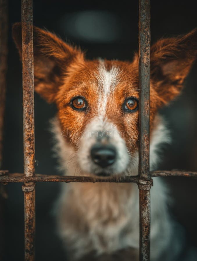 Sad Dog Behind Rusty Cage Bars Stock Illustration - Illustration of ...