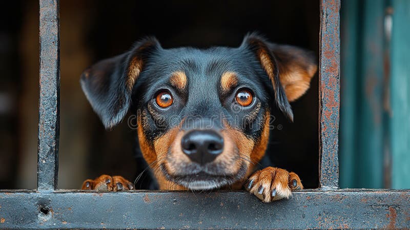 Sad Dog with Brown and Black Fur Looking through Rusty Metal Bars Stock ...