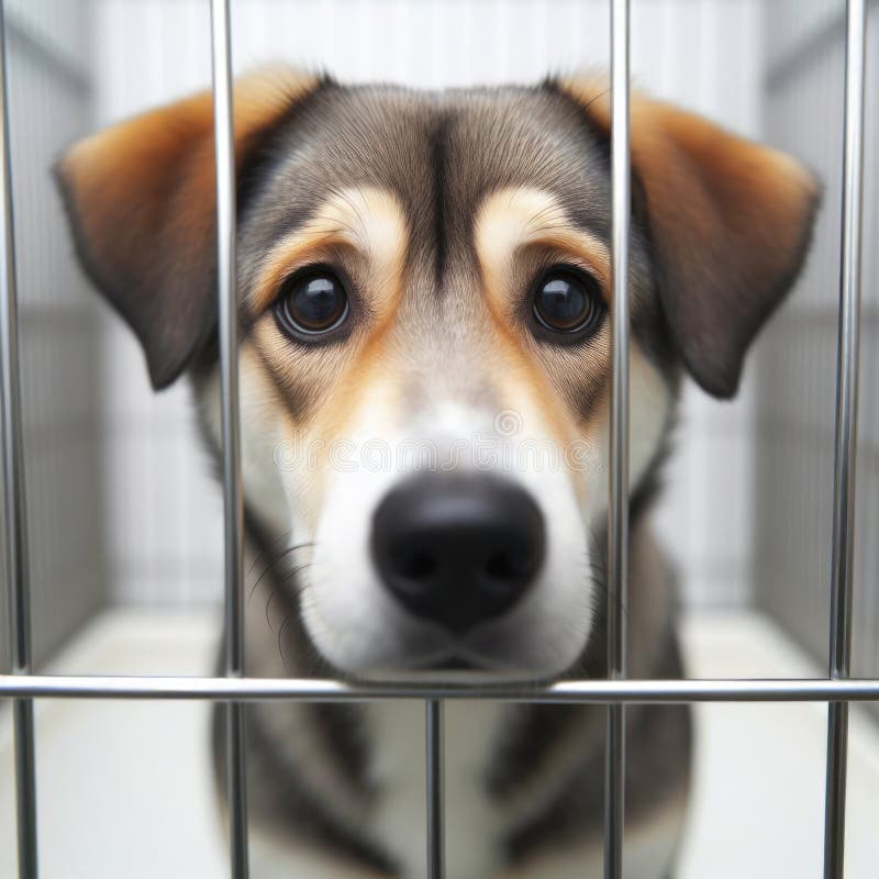 A Sad Dog in a Cage at a Shelter Waiting for Adoption Isolated on Solid ...