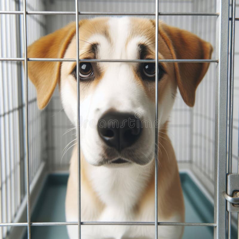 A Sad Dog in a Cage at a Shelter Waiting for Adoption Isolated on Solid ...