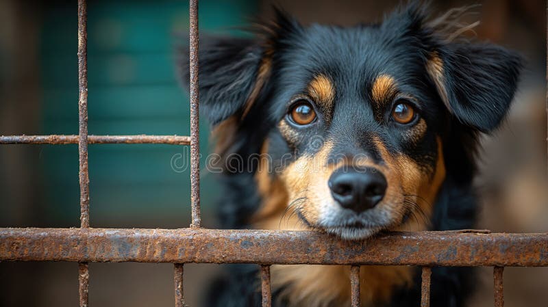 Sad Dog Looking through Rusty Cage Bars Stock Illustration ...