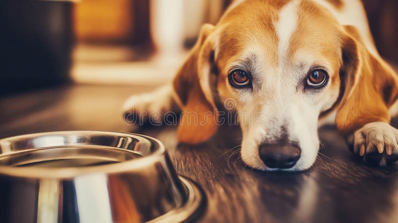 Sad Dog Lying in Front of Food Bowl Stock Illustration - Illustration ...