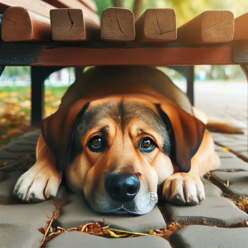 A Sad Dog Lying Under a Bench. Stock Image - Image of curiosity ...