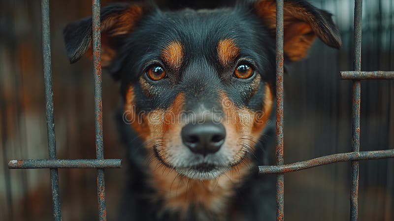 Sad Dog S Face Behind Rusty Cage Bars Stock Illustration - Illustration ...