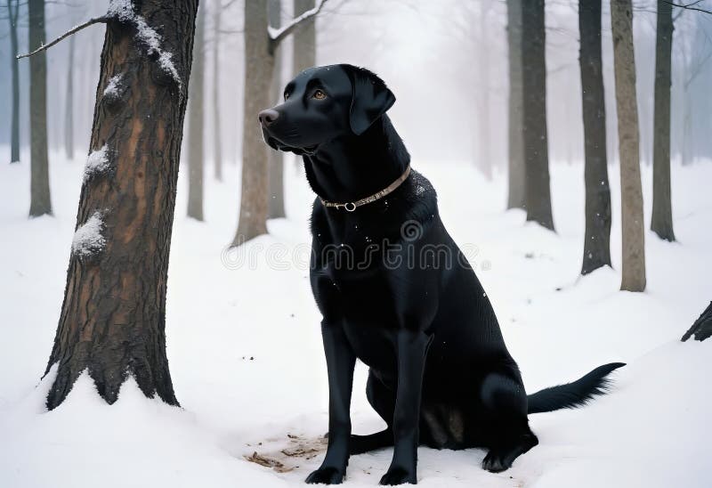 Sad Dog Tied To Tree in Winter Forest Dog Waiting for Owner Stock ...